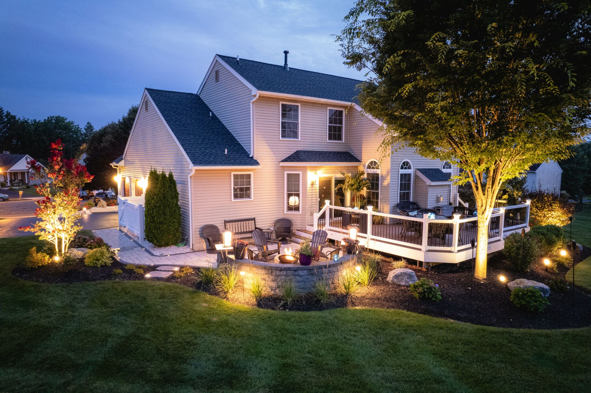 Patio, Walkway & Fire Pit Landscaping with LED Lighting